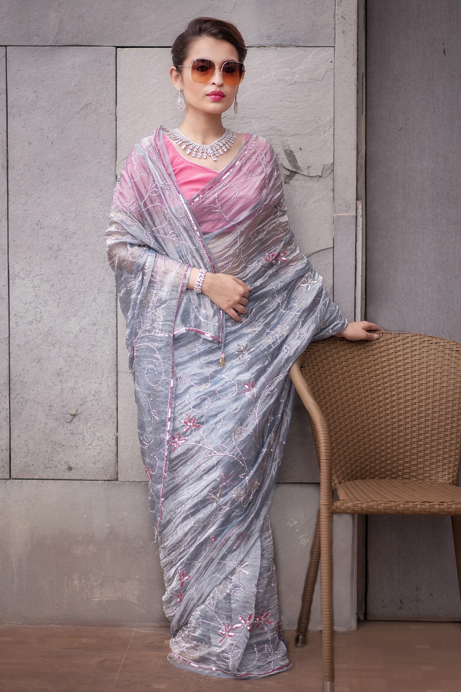 Buy Ruar India Grey Tissue Embroidered Saree With Blouse Online | Aza ...