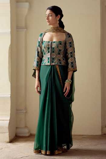 Buy Green Saree: Organza Silk Woven Floral Padmini With Corset Blouse ...
