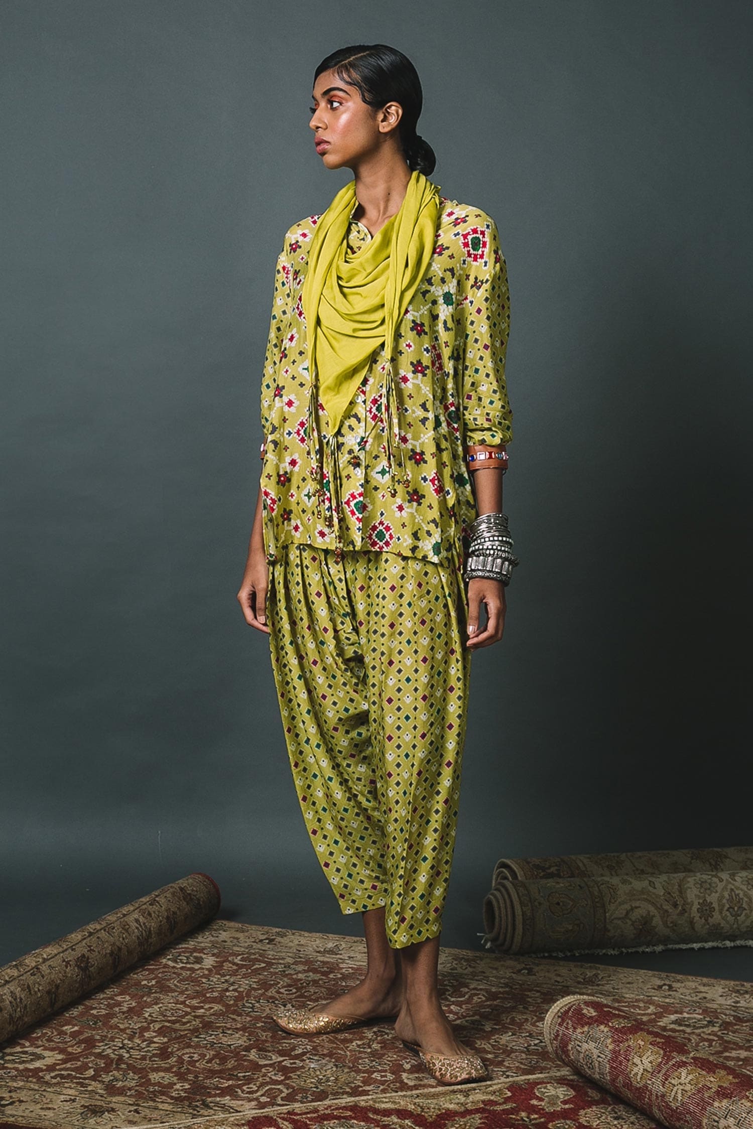 Buy Green Crepe Embroidery Patola Pattern Shirt And Cropped Salwar Set ...