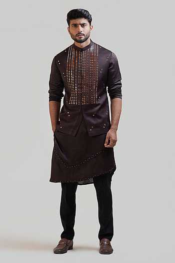 Buy Paarsh Brown Embellished Nehru Jacket And Kurta Set Online | Aza ...