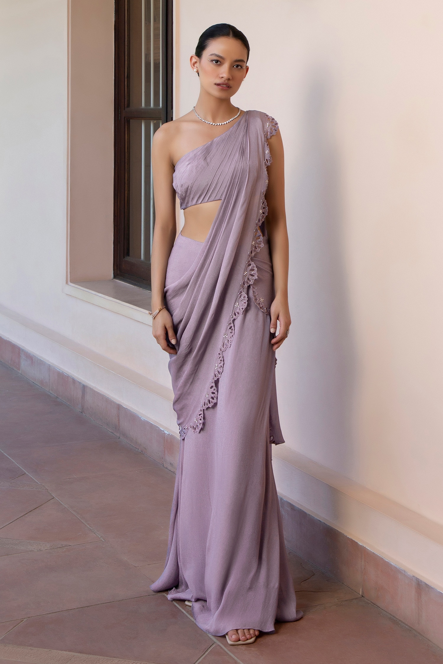 Buy Parshya Purple Viscose Crepe Pre-draped Skirt Saree With Blouse ...