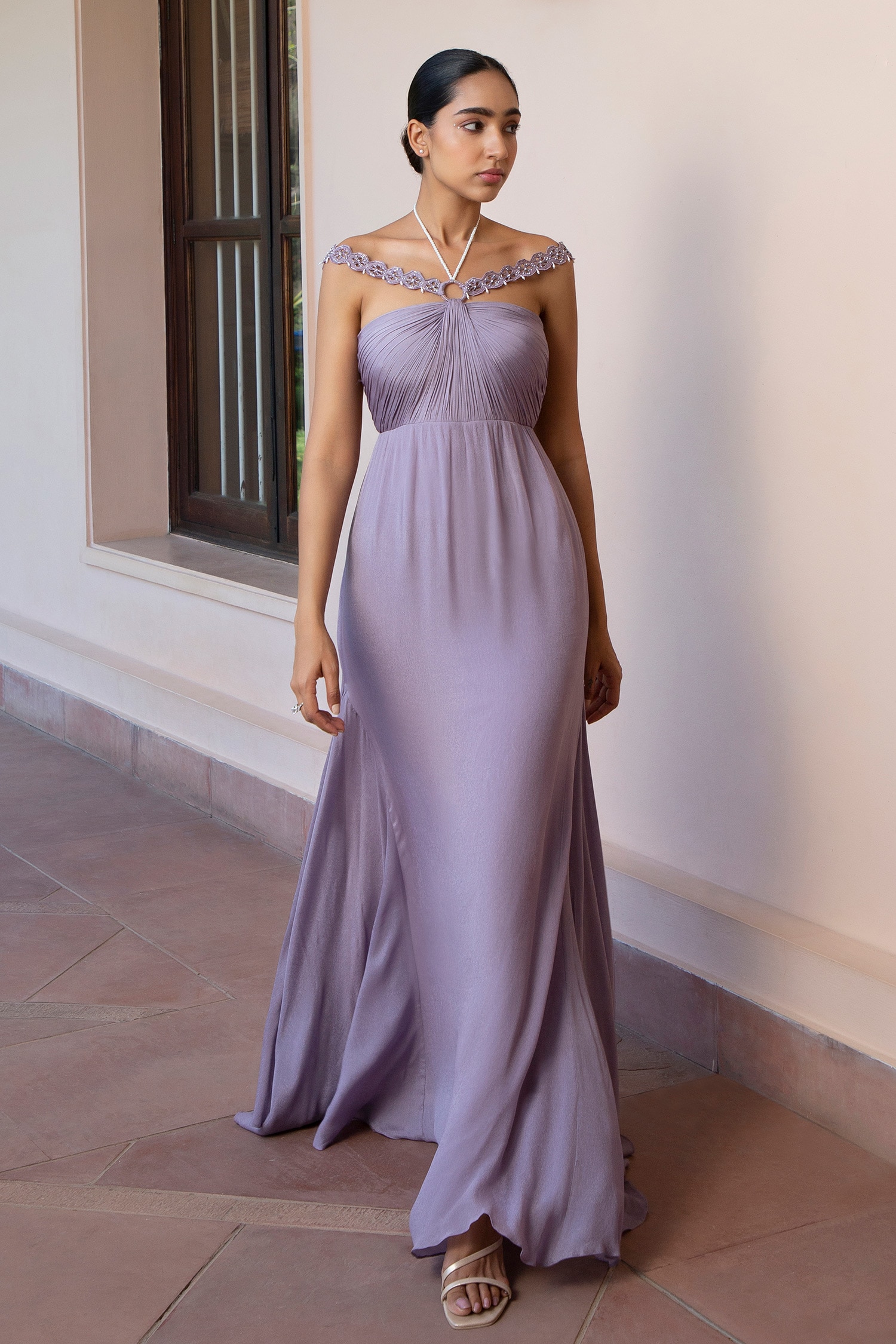 Buy Parshya Purple Viscose Crepe Ruched Bodice Gown Online | Aza Fashions
