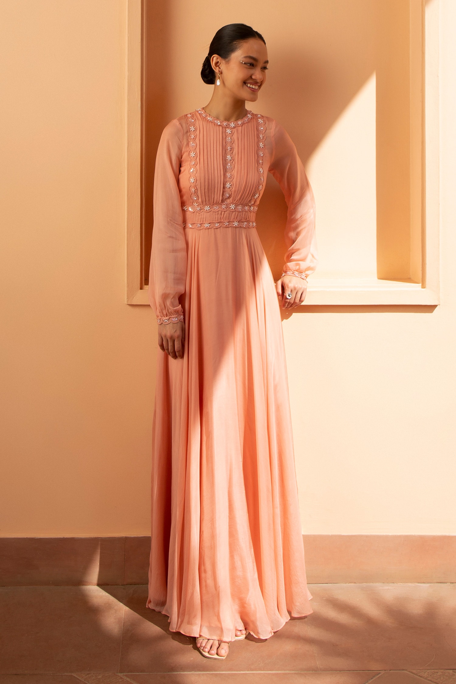 Buy Parshya Peach Viscose Flat Chiffon Victorian Embellished Gown ...