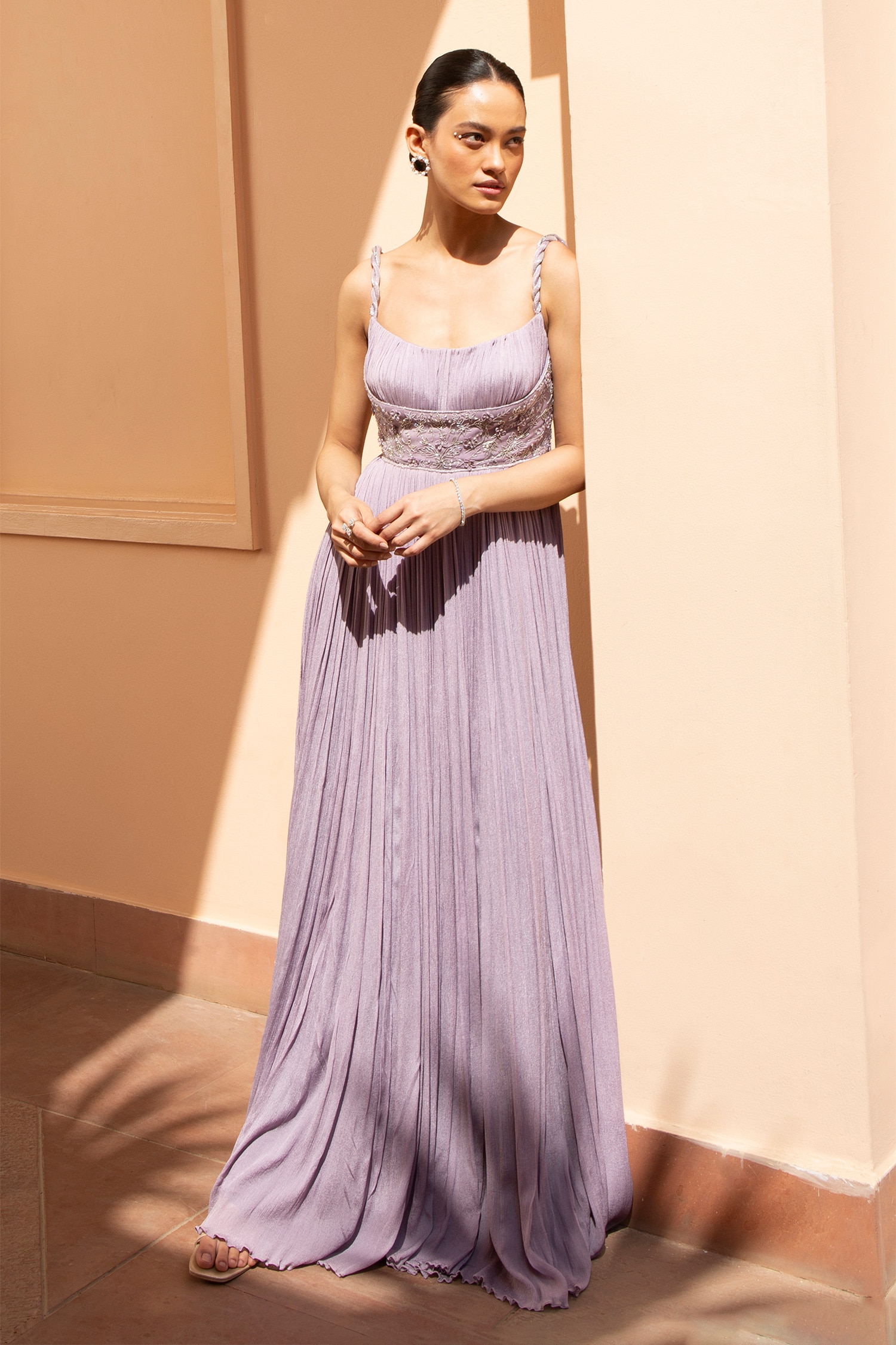 Buy Parshya Purple Viscose Chinon Floral Embroidered Pleated Gown ...