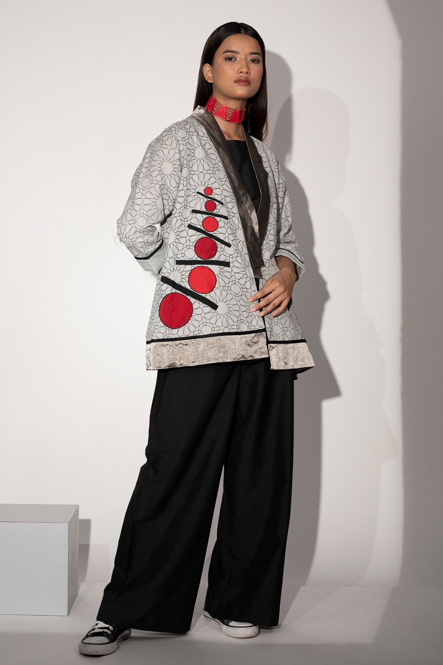 Buy Ivory Cotton Linen Print And Embroidery Geometric Many Moons Jacket ...