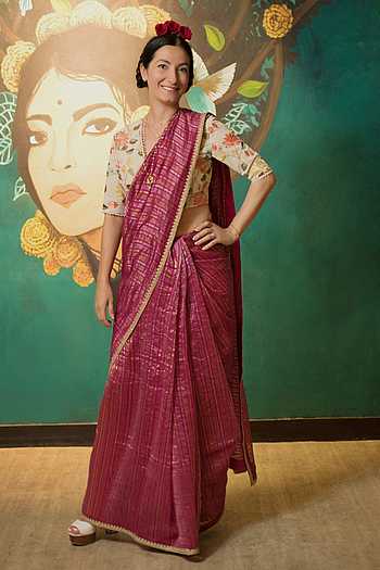 Buy Pranay Baidya Pink Chanderi Striped Saree Online | Aza Fashions