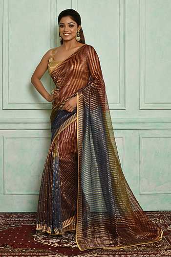 Buy Pranay Baidya Blue Stripe Pattern Chanderi Saree Online | Aza Fashions