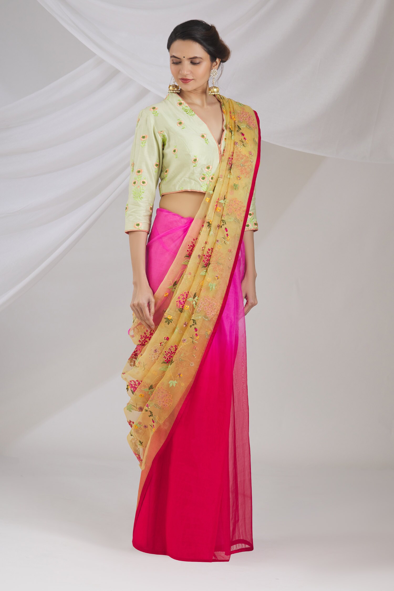 Buy Pranay Baidya Pink Organza Embroidered Saree Online | Aza Fashions