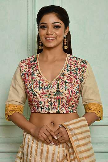 Buy White Cotton Embroidered Thread Work Plunge V Neck Phulkari Blouse ...