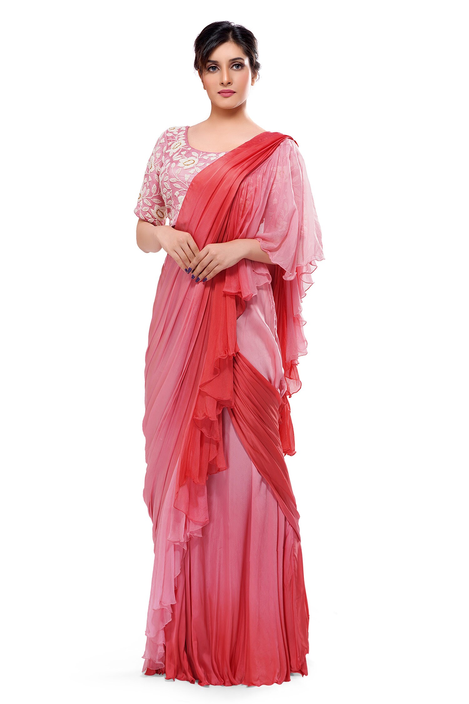 Buy Pink Georgette Scoop Neck Pre-draped Ruffle Saree For Women by ...