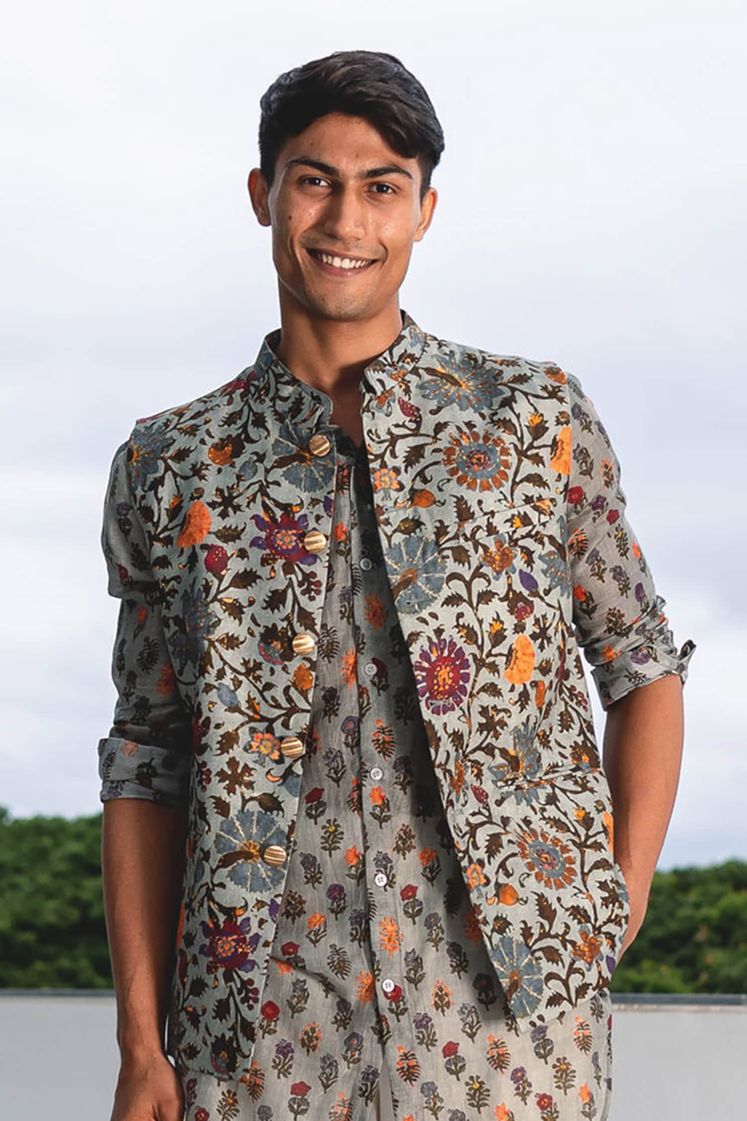 Buy Grey Cotton Floral Print Bundi For Men by Project Bandi Online at ...