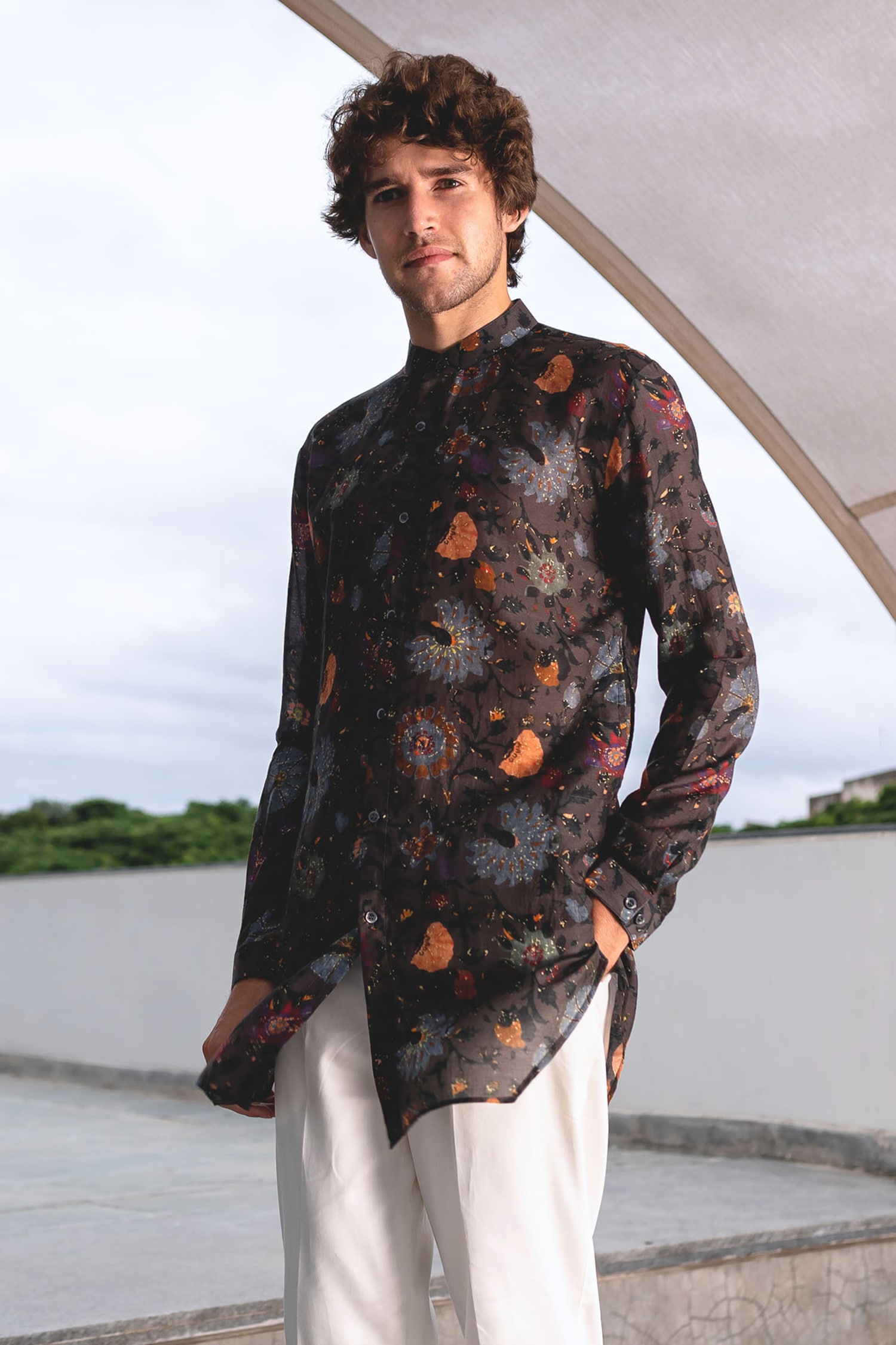 Buy Grey Cotton Floral Print Short Kurta For Men by Project Bandi ...