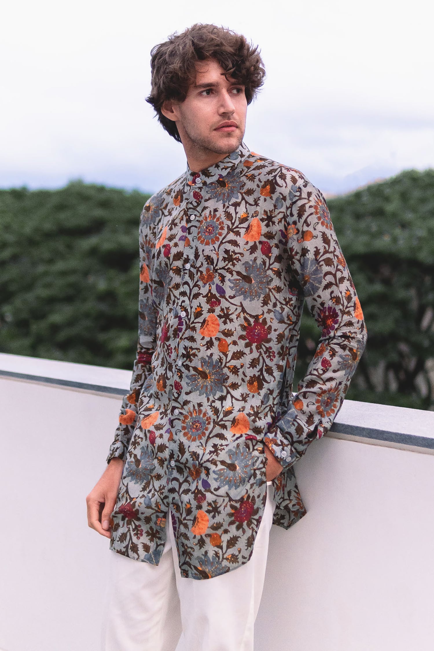 Buy Grey Cotton Floral Print Short Kurta For Men by Project Bandi ...