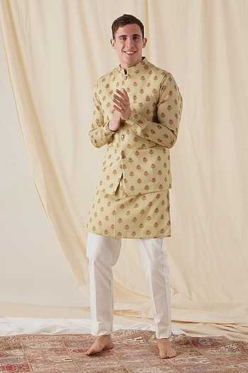Buy Project Bandi Beige Printed Silk Bundi And Kurta Set Online | Aza ...