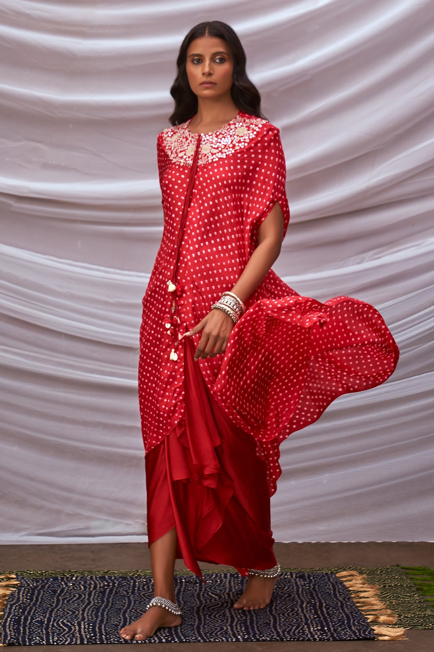 Buy Red Silk Printed Bandhani Round Cape And Skirt Set For Women by ...