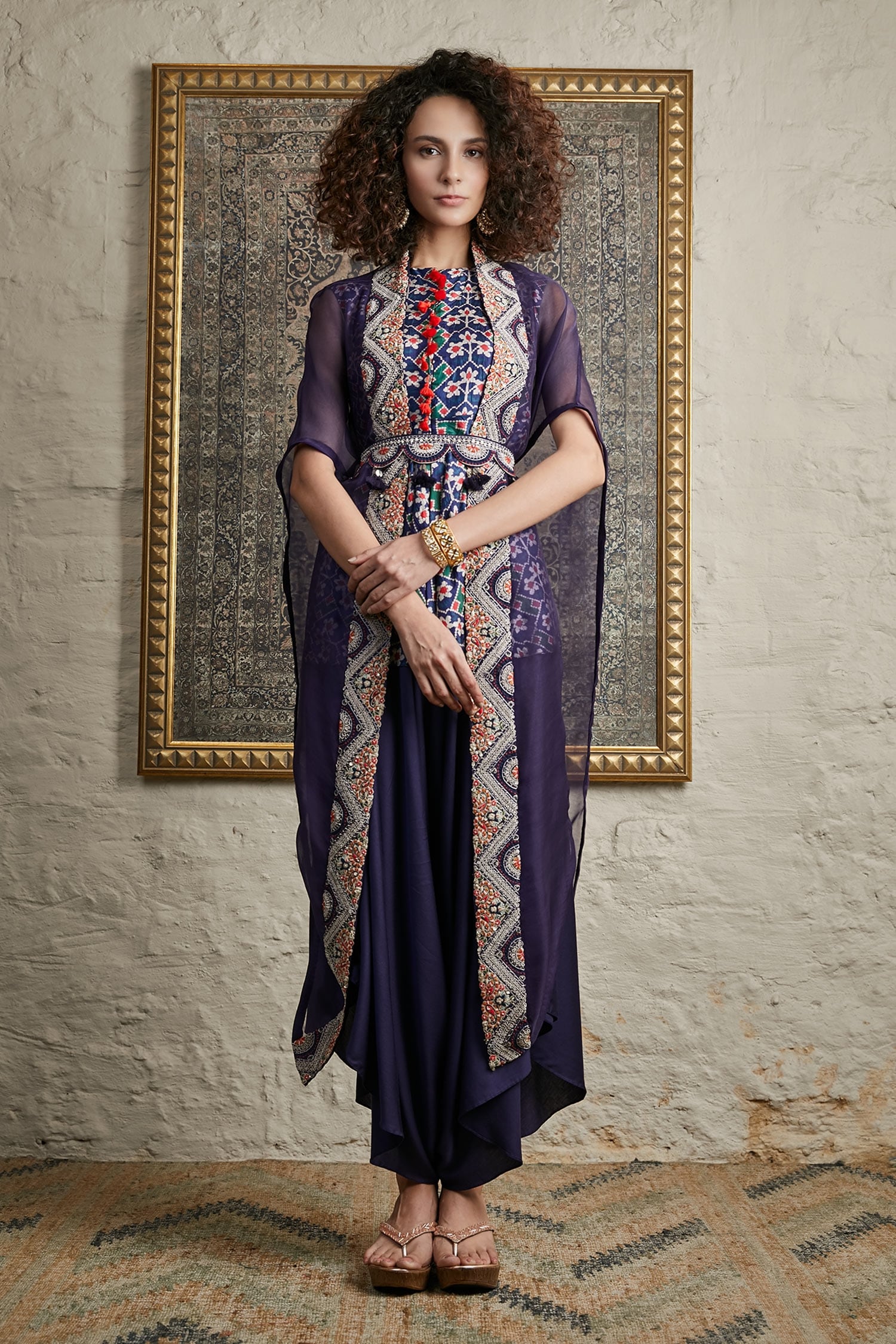 Buy Blue Silk Embroidered Geometric Round Sheer Cape And Draped Pant ...