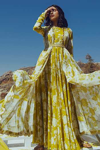 Buy Paulmi and Harsh Yellow Georgette Floral Print Anarkali With Jacket ...