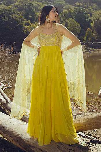 Buy Paulmi and Harsh Yellow Embroidered Anarkali With Dupatta Online ...