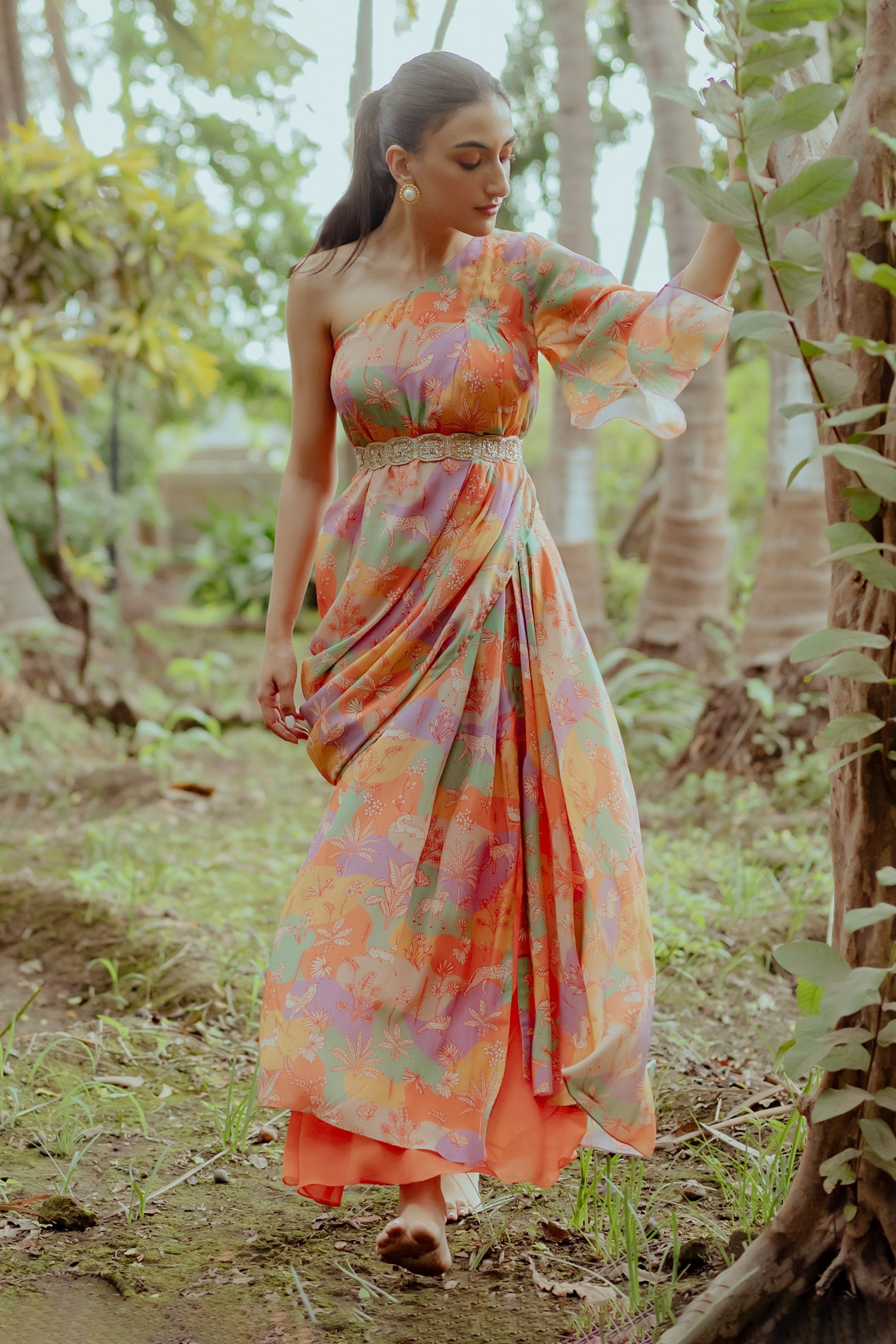 Buy Paulmi and Harsh Multi Color Pure Crepe Printed One Shoulder Tunic ...