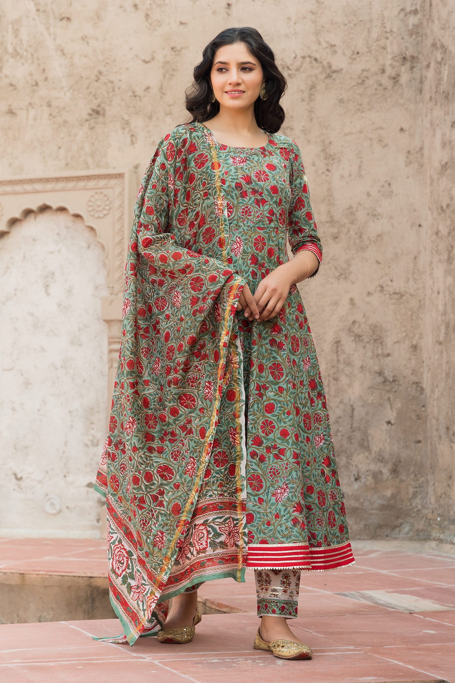 Buy Green Hand Block Print Anarkali Set For Women by Pheeta Online at ...