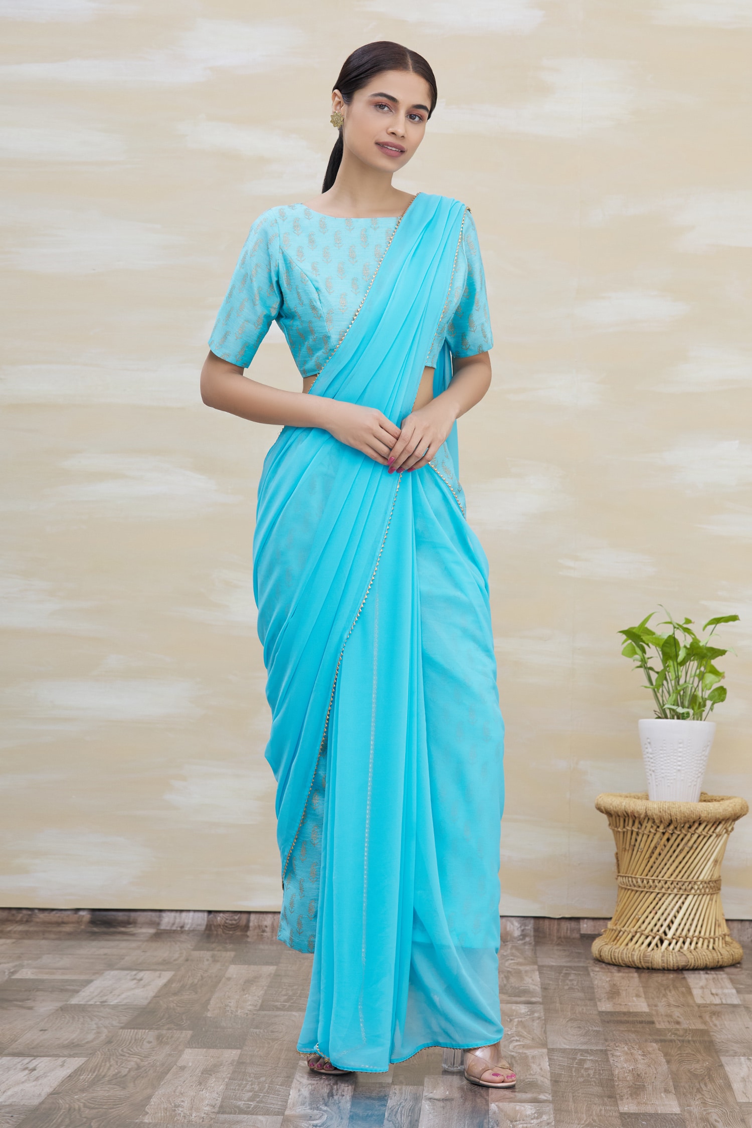 Buy Blue Chanderi Embroidery Straight Pre-draped Pant Saree Set For ...