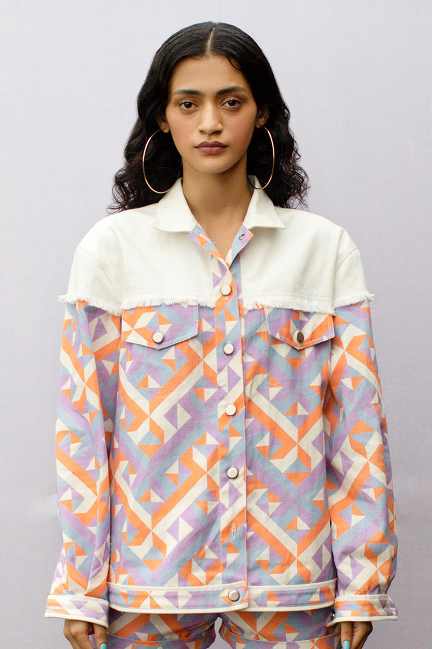 Buy Multi Color Denim Embroidery Spread Collar Printed Jacket For Women ...