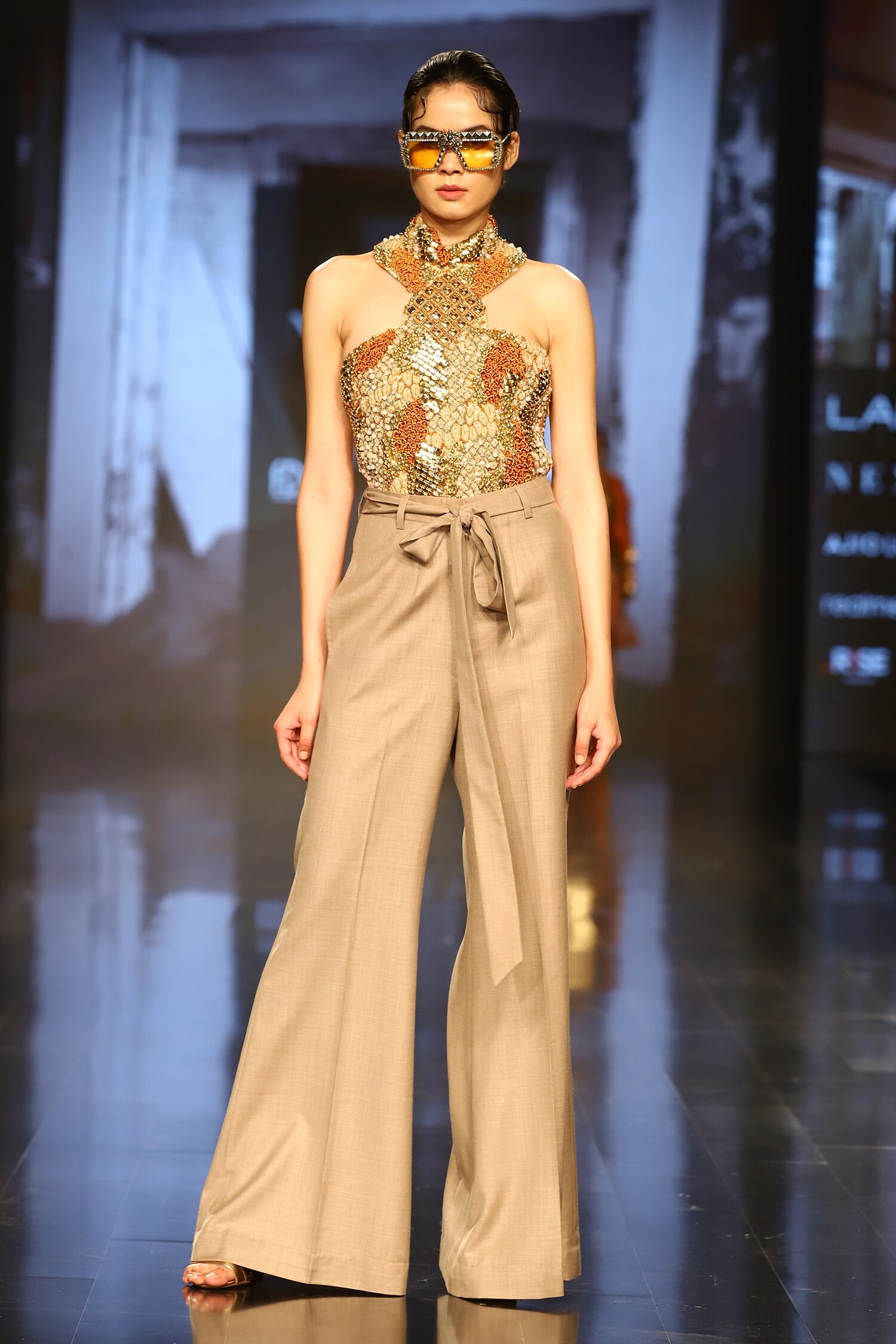 Buy Nirmooha Brown Net Halter Neck Body Suit And Pant Set Online | Aza ...