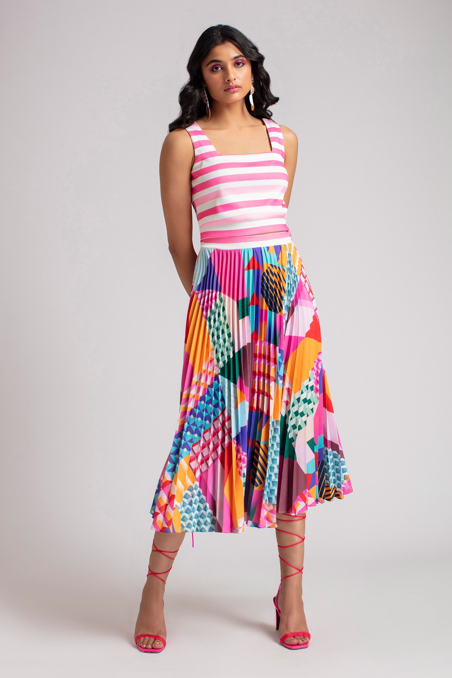 Buy Pankaj & Nidhi Multi Color Rib Knit Graphic Print Pleated Skirt Set ...