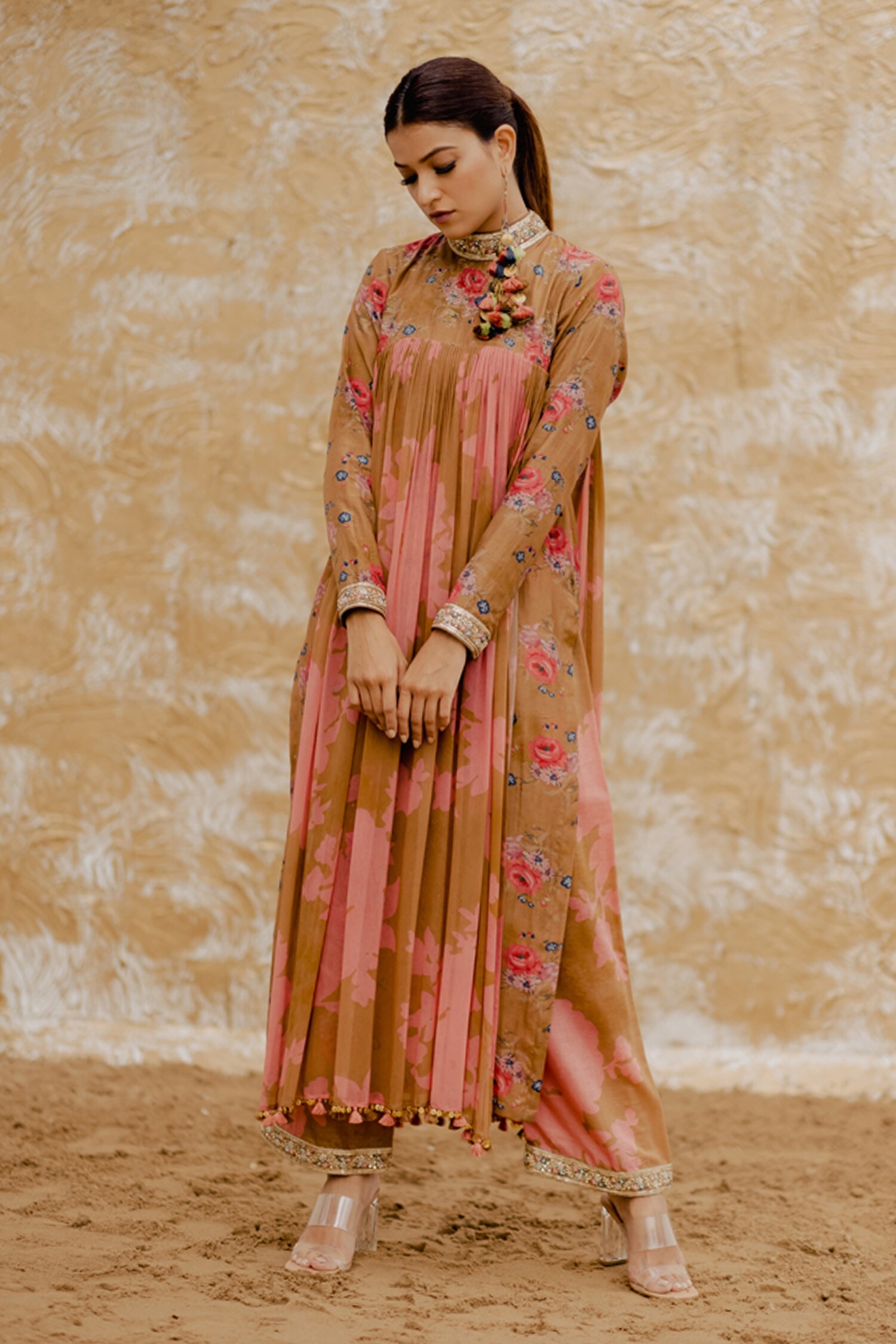 Buy Pooja-Keyur Brown Chiffon Printed Layered Kurta And Pant Set Online ...