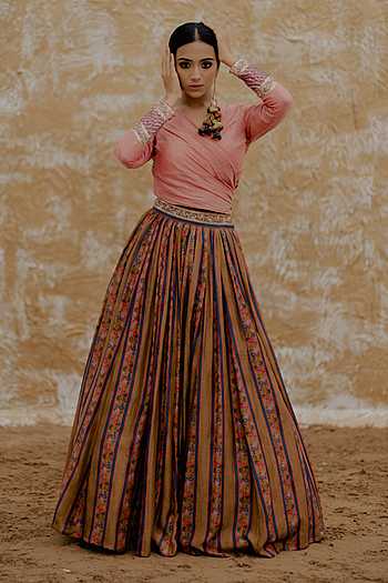 Buy Pooja-Keyur Pink Cotton Silk Printed Blouse And Lehenga Set Online ...