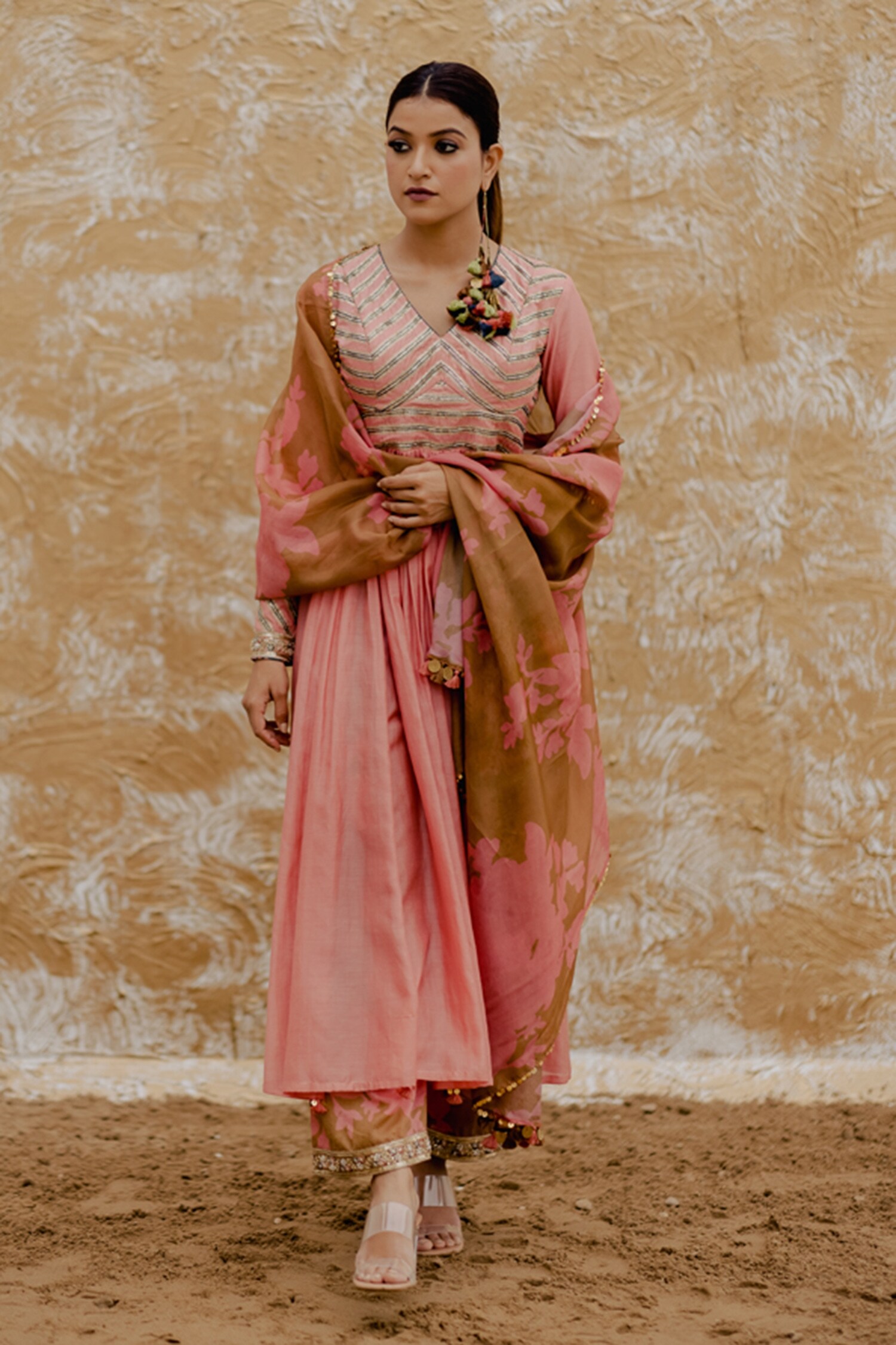 Buy Pooja-Keyur Pink Floral Print Anarkali Palazzo Set Online | Aza ...
