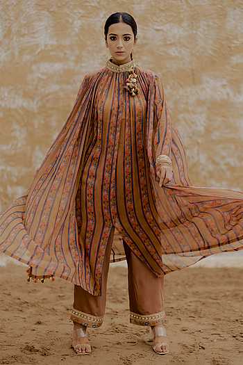 Buy Pooja-Keyur Brown Chiffon Printed Layered Kurta And Pant Set Online ...