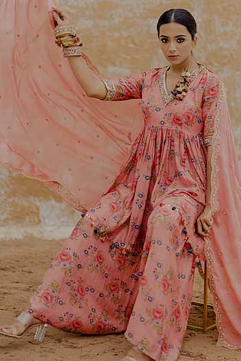 Buy Pooja-Keyur Pink Cotton Silk Floral Print Kurta Sharara Set Online ...