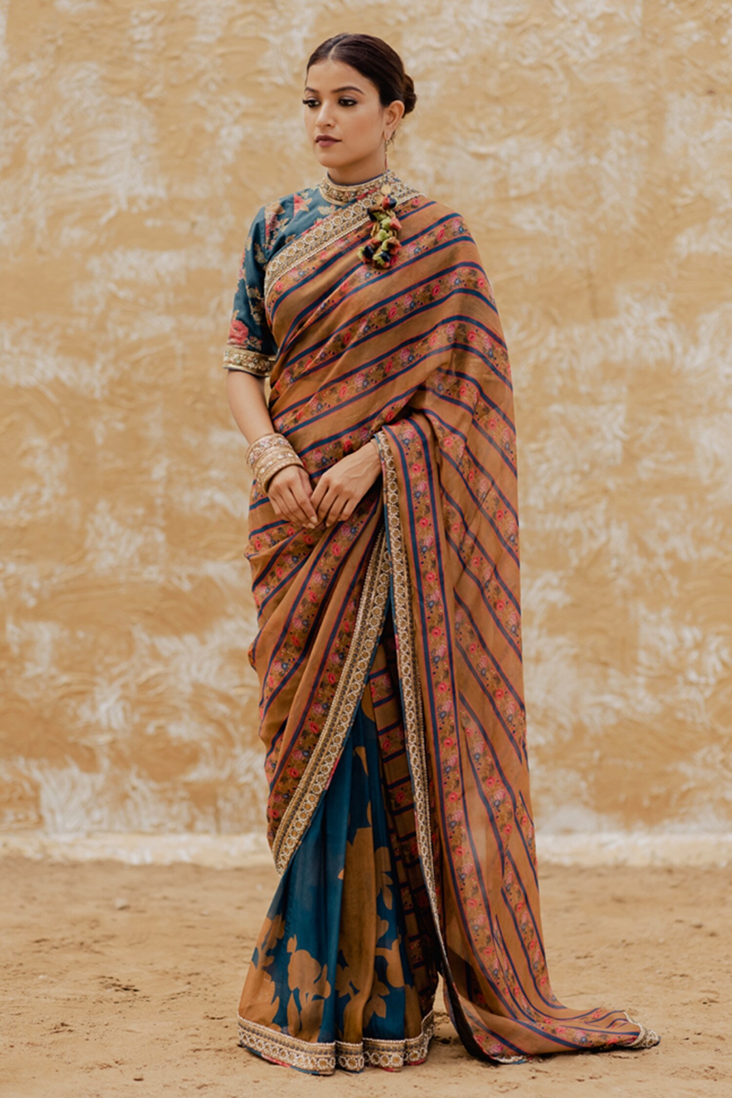 Buy Pooja-Keyur Blue Organza Floral Print Saree Online | Aza Fashions