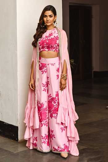 Buy Palak & Mehak Pink Crepe Floral Print Jacket Palazzo Set Online ...