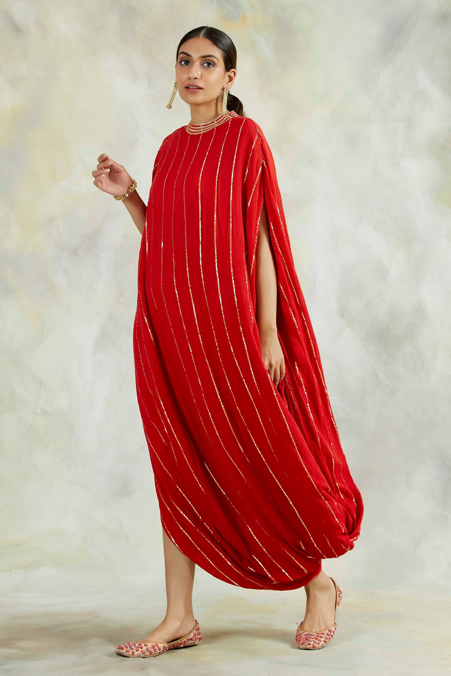 Buy Red Rayon Crepe Embellished Stripes Round Neck Cowl Dress For Women ...