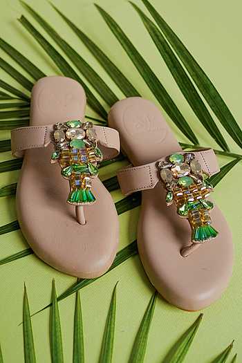Buy Beige Hand Embroidered Offshore Flat Sandals by Phenominaal Online ...