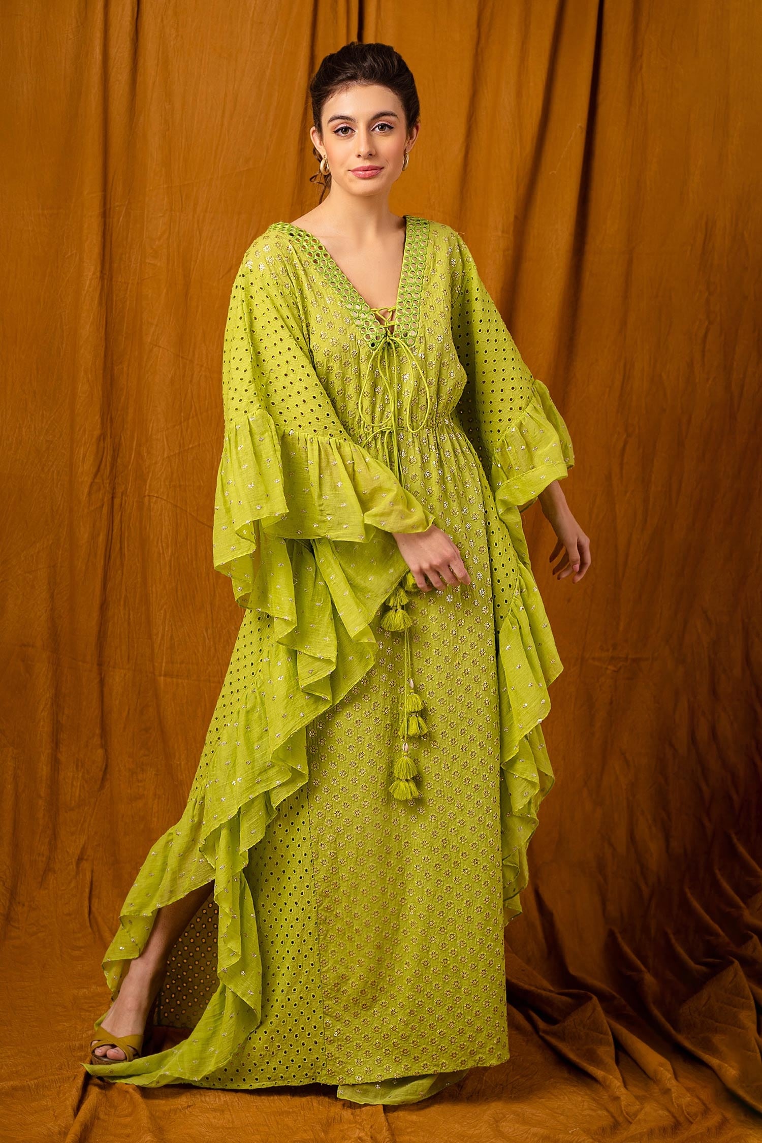 Buy Green Cotton Embroidered Cutwork V Neck Kaftan For Women by Surily ...