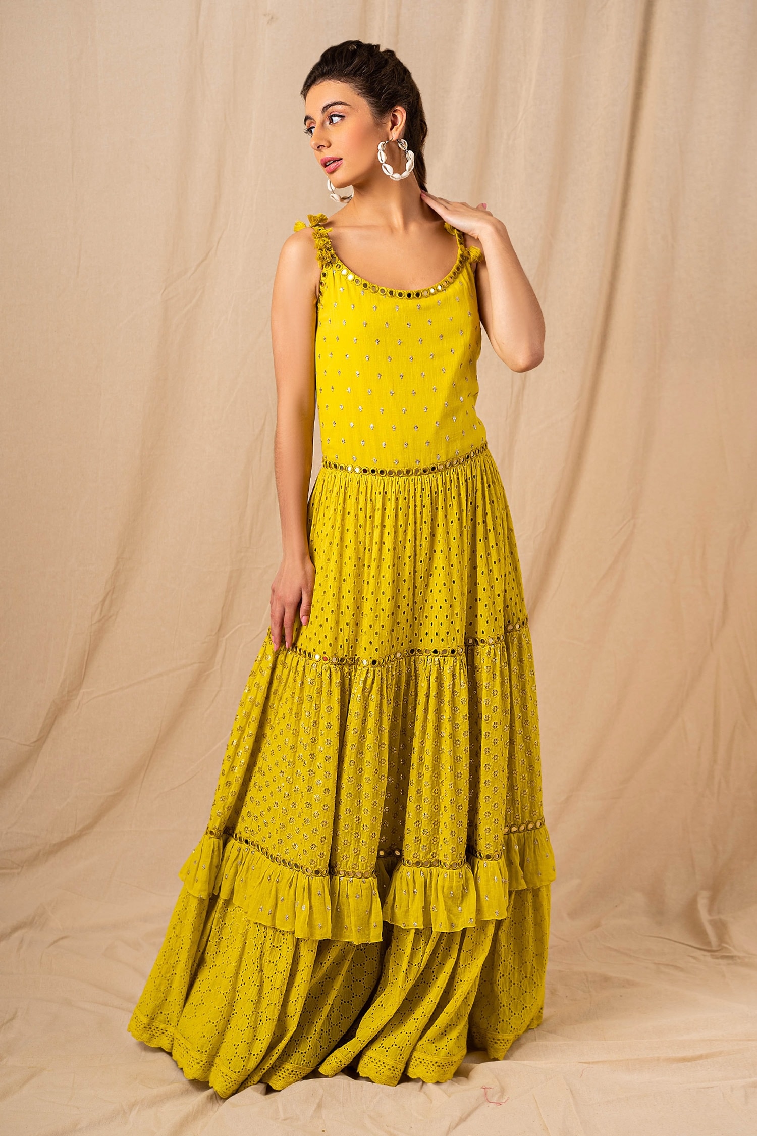 Buy Yellow Cotton Embroidered Cutwork Scoop Neck Tiered Dress For Women ...
