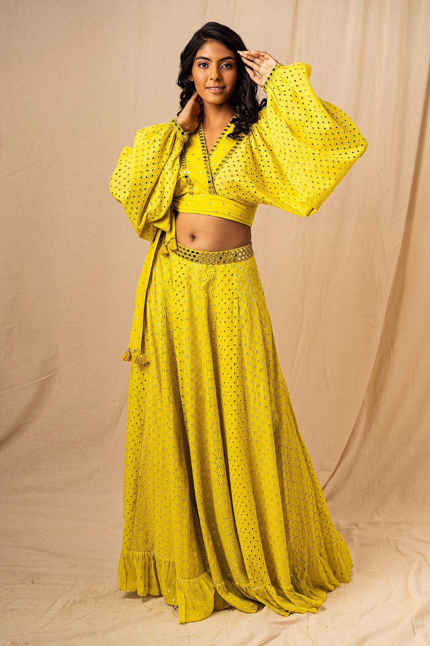 Buy Yellow Cotton Embroidered Cutwork V Neck Crop Top For Women by ...