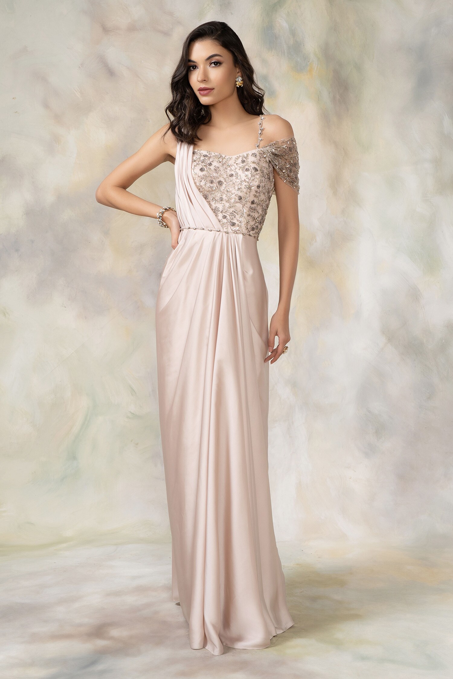 Buy Beige Satin Asymmetric Embellished Saree Gown For Women by Pooja ...