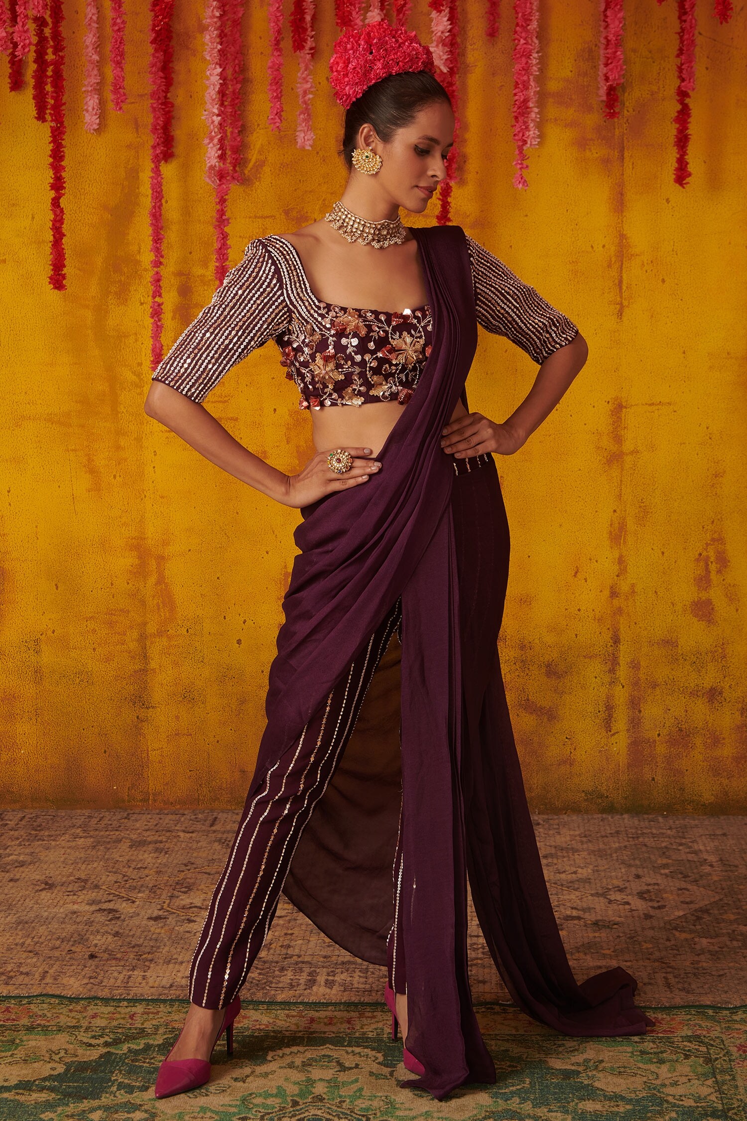Buy Masumi Mewawalla Purple Silk Embroidered Pre-draped Pant Saree Set ...