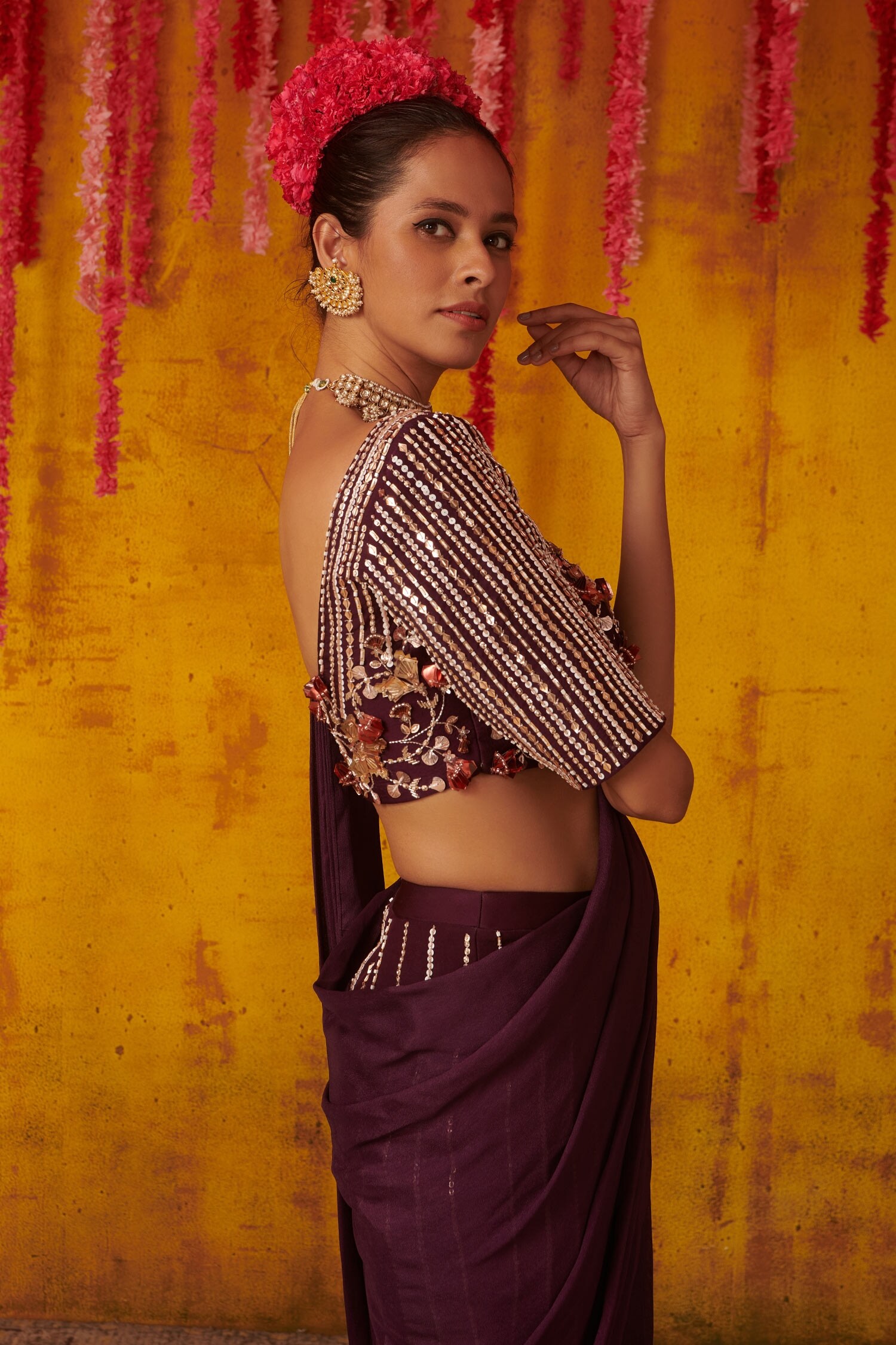 Buy Pink Peacock Couture Purple Silk Embroidered Pre-draped Pant Saree ...