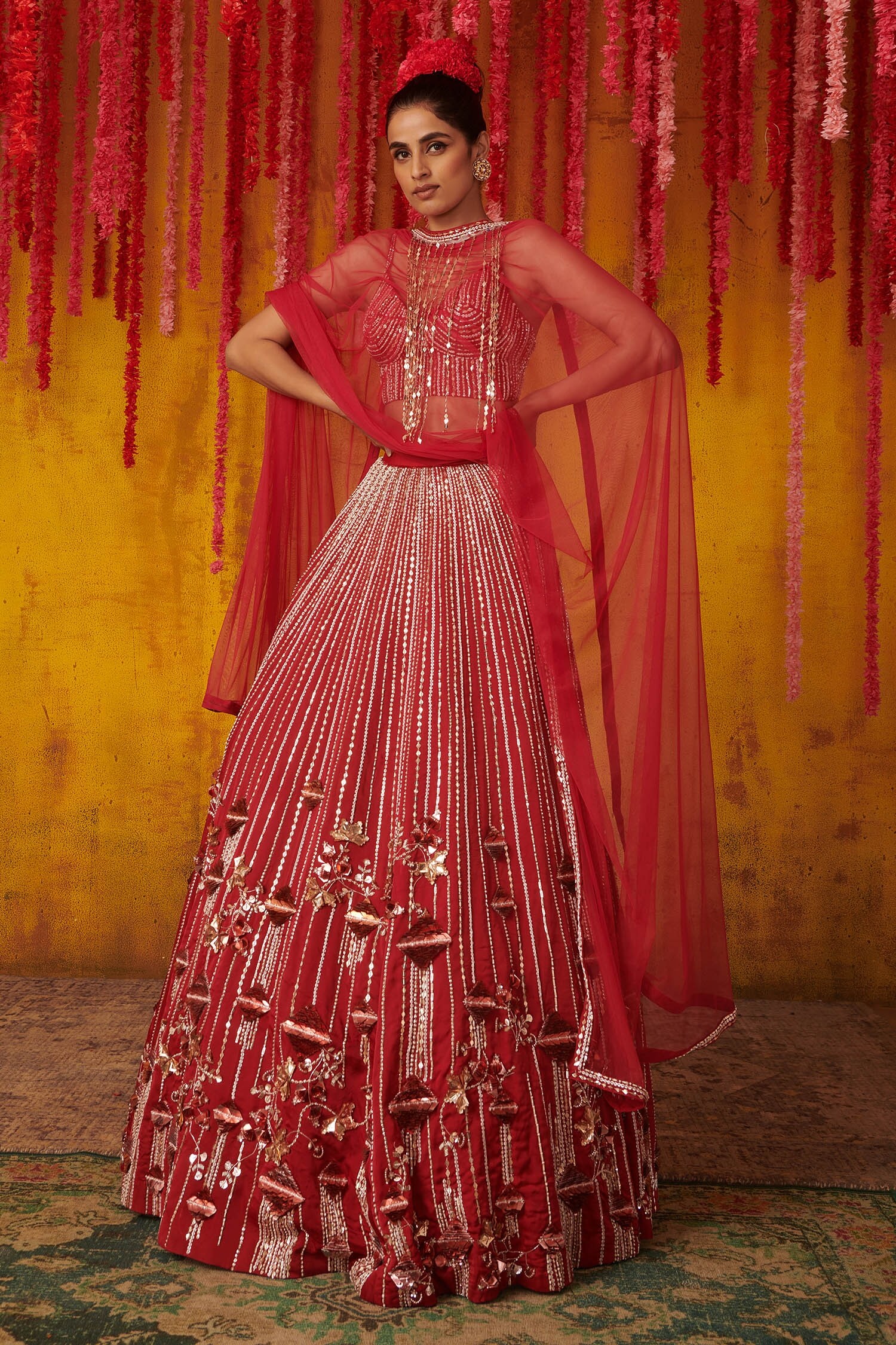 Buy Red Satin Organza Hand Embroidered Sequins V Neck Cutdana Lehenga ...