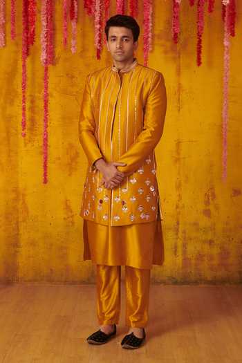 Buy Masumi Mewawalla Yellow Silk Sherwani Set Online | Aza Fashions