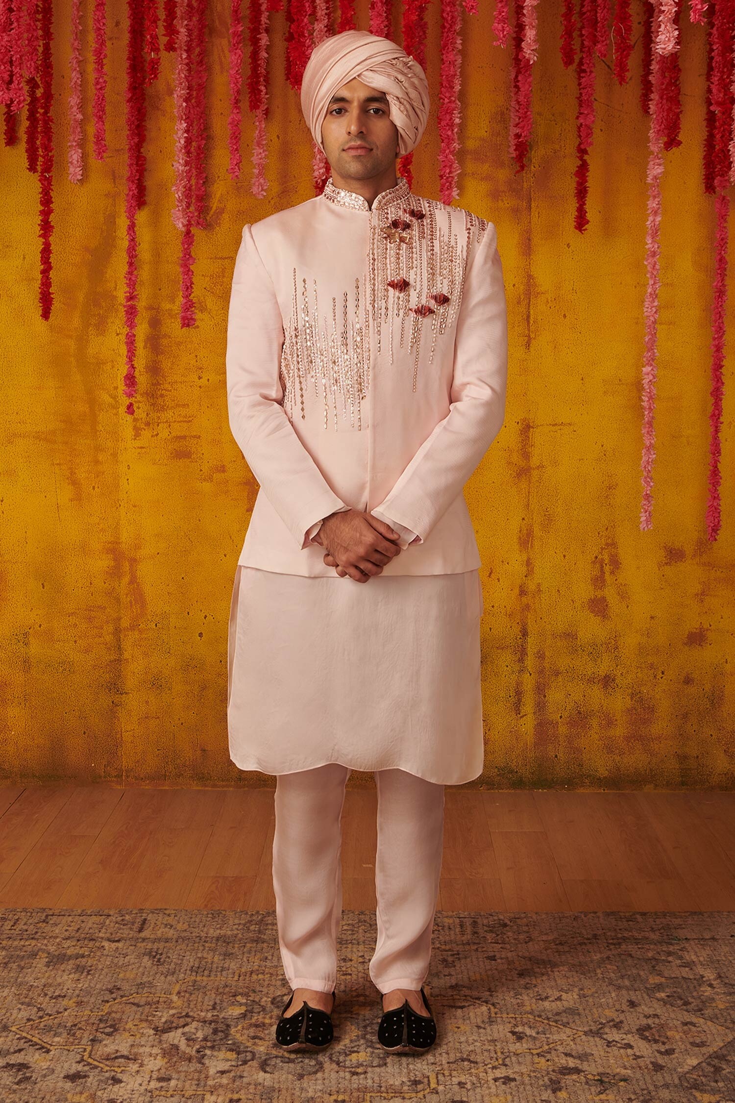 Buy Masumi Mewawalla Peach Silk Short Sherwani Set Online | Aza Fashions
