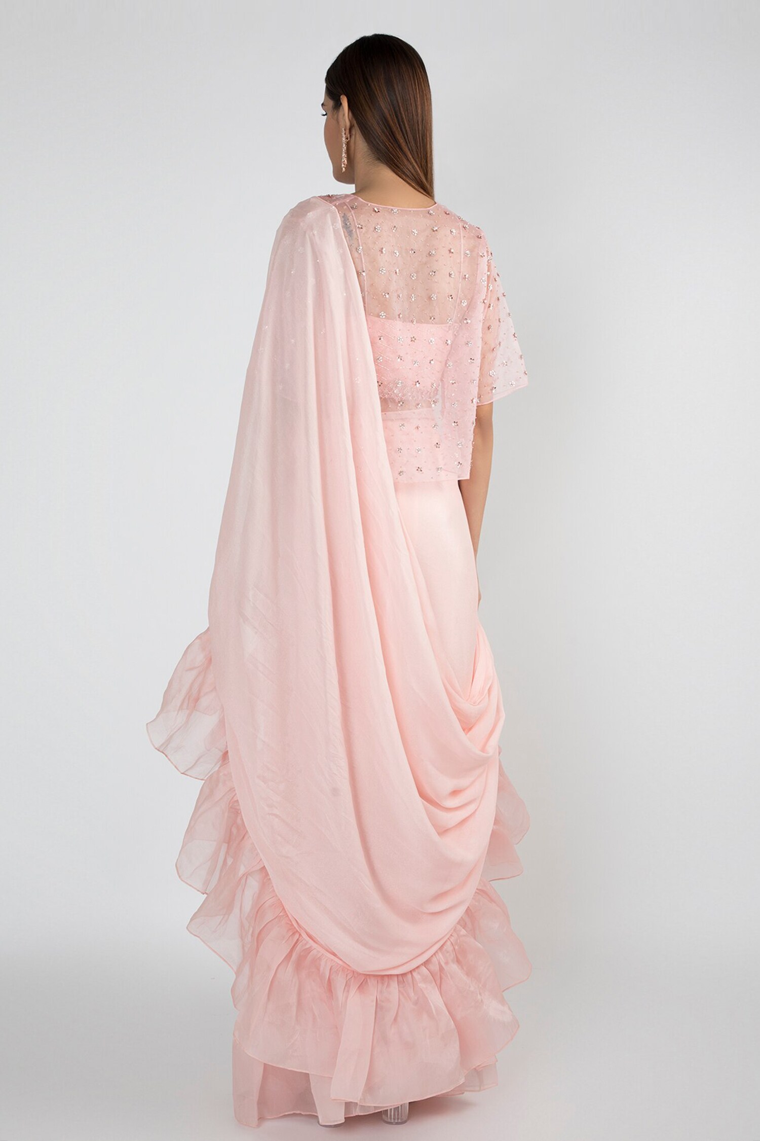 Buy Ruffle Saree Set by Pink Peacock Couture at Aza Fashions