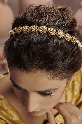 Buy Gold Plated Kundan Head Band by Paisley Pop Online at Aza Fashions.
