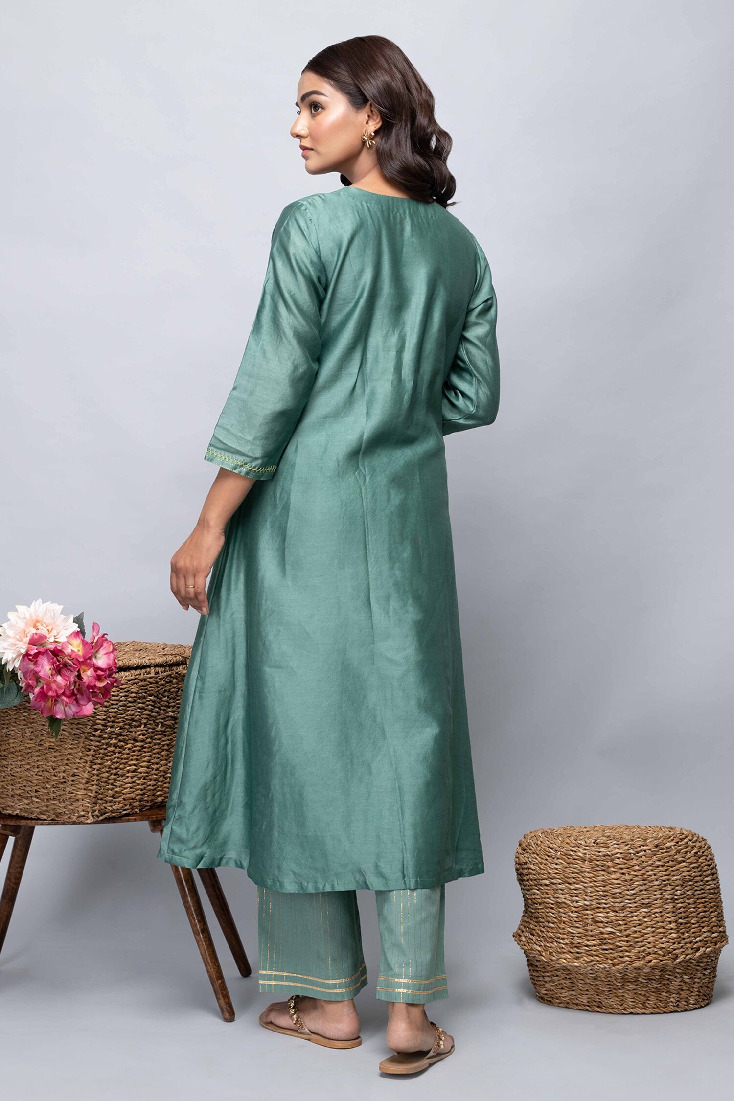 Buy Kalakaari By Sagarika Green Cotton Chanderi Kurta Set Online | Aza ...
