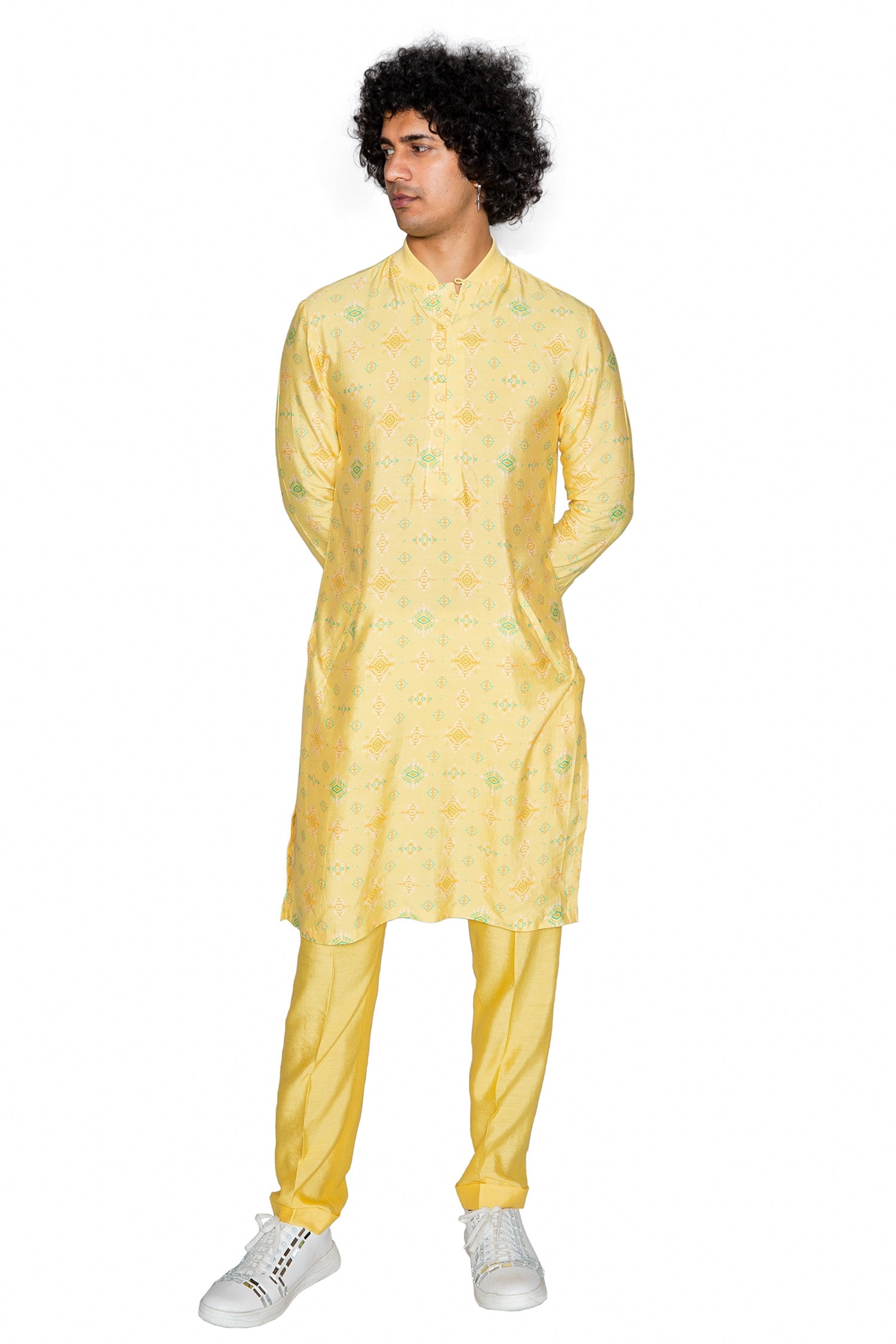 Buy Ankur J Yellow Geometric Print Cotton Silk Kurta Online | Aza Fashions